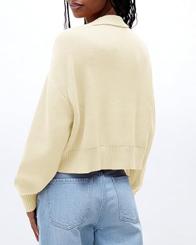 Danedvi Womens V Neck Crop Sweaters Fashion Stand Collar Knit Sweatshirts Long Sleeve Loose Casual Pullover Sweater Off-White