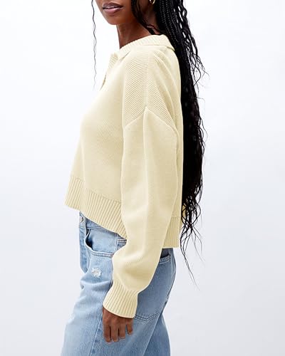 Danedvi Womens V Neck Crop Sweaters Fashion Stand Collar Knit Sweatshirts Long Sleeve Loose Casual Pullover Sweater Off-White