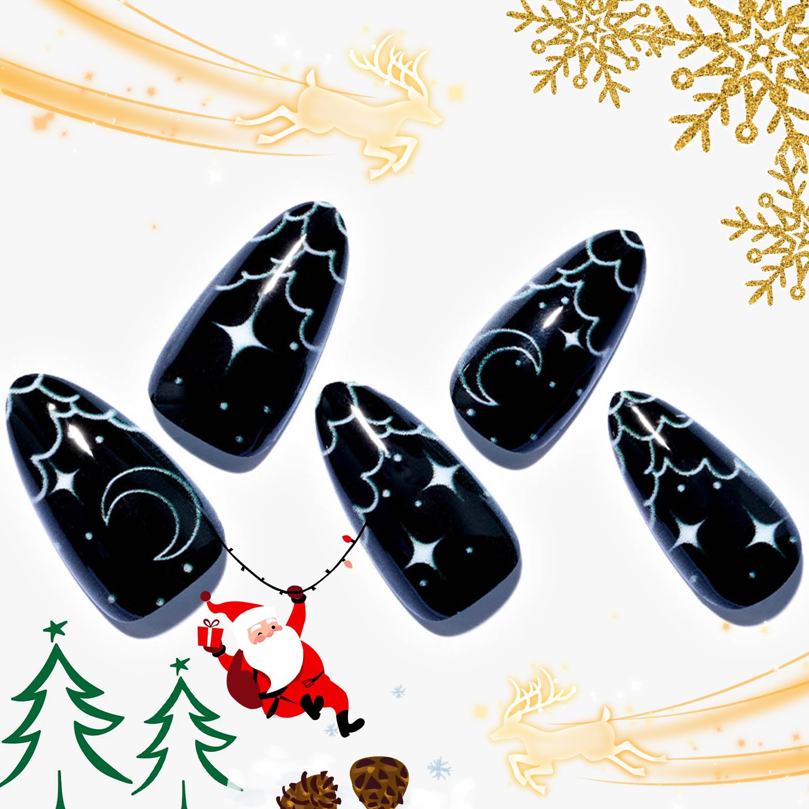 GLAMERMAID Winter Press on Nails Almond,Black Gel False Nails with tree Design,24 PCS Glue on Nails,Reusable Acrylic Stick on Nails Tips Manicure Set for Women Girls Gift