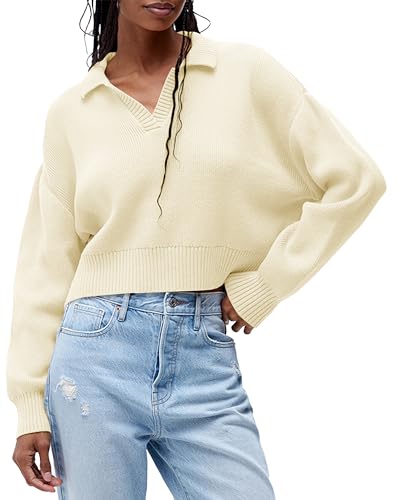 Danedvi Womens V Neck Crop Sweaters Fashion Stand Collar Knit Sweatshirts Long Sleeve Loose Casual Pullover Sweater Off-White