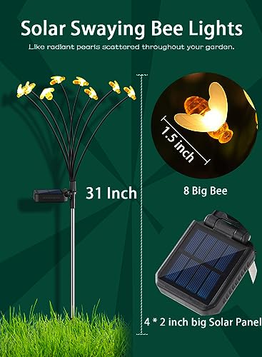 Solar Garden lights, Newest Solar Bee Firefly Lights with 1200mAH Battery, Swaying by Wind, Solar Outdoor Lights with Flexibility Iron Wire, Waterproof Firefly Lights Decor for Patio Yard(2 Pack)