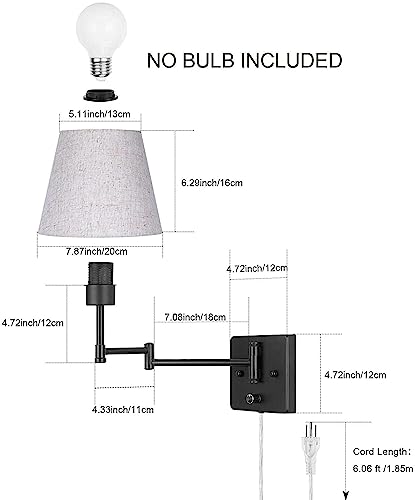 DTREEL Swing Arm Wall Lamp Plug in Cord Industrial Wall Sconce with On/Off Switch Wall Lights Fixtures 1-Light
