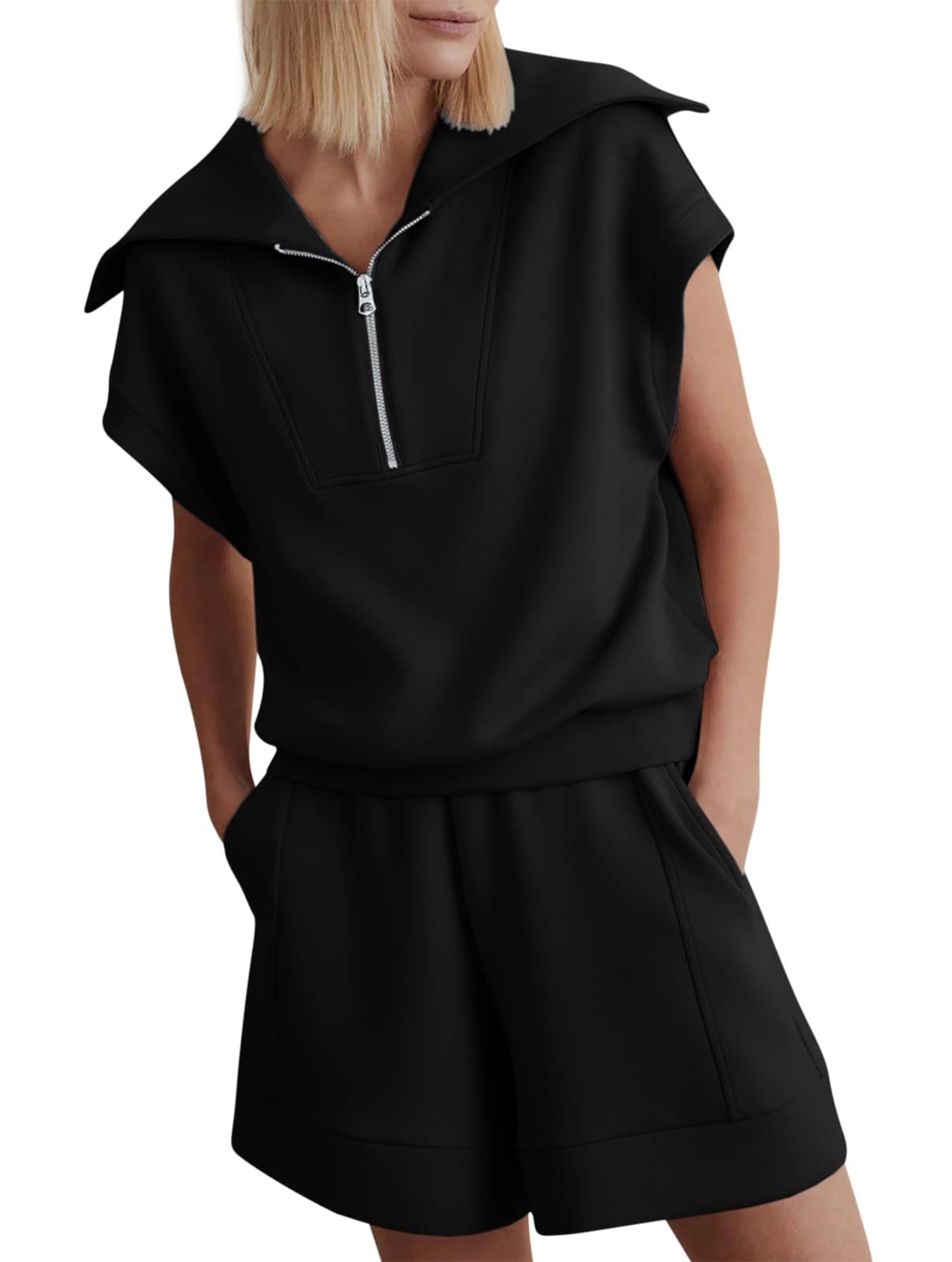 Zwurew Sweat Suits for Women 2 Piece Sets Summer Spring 2024 Short Sleeve Lounge Outfits with Shorts Black S