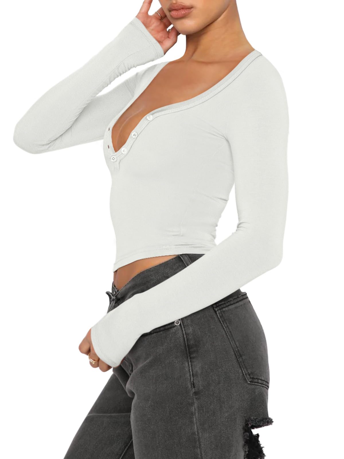 REORIA Women Fall Sexy Long Sleeve Henley T Shirts V Neck Button up Casual Basic Vintage Y2K Slim Fitted Ribbed Knit Tees Crop Tops White Small