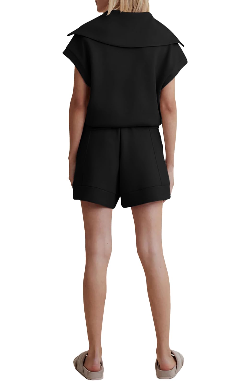 Zwurew Sweat Suits for Women 2 Piece Sets Summer Spring 2024 Short Sleeve Lounge Outfits with Shorts Black S