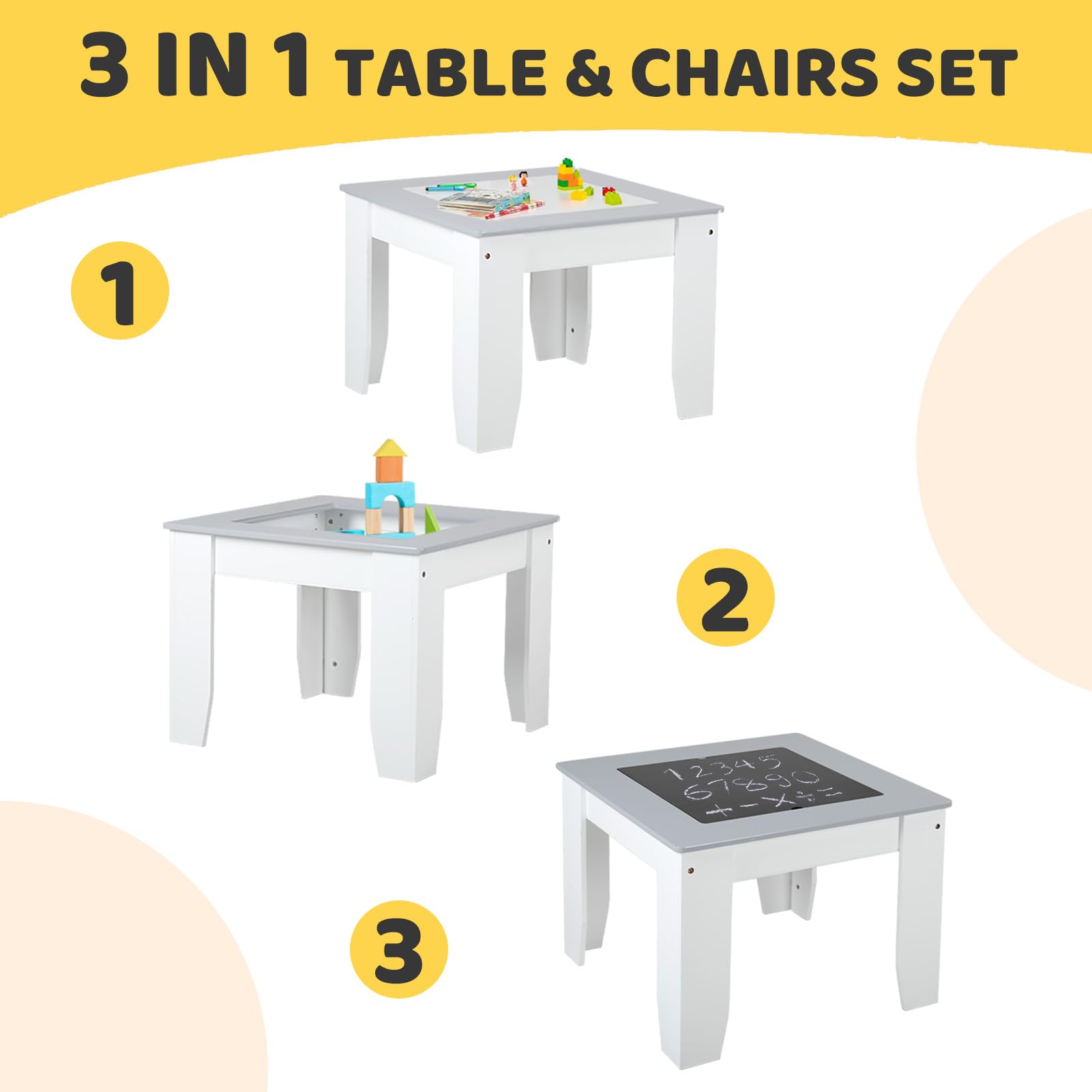 Kinder King Kids Wood Table & 2 Chairs Set, 3 in 1 Children Activity Table w/Storage, Removable Tabletop, Blackboard, 3-Piece Toddler Furniture Set for Art, Crafts, Drawing, Reading, Grey& White…