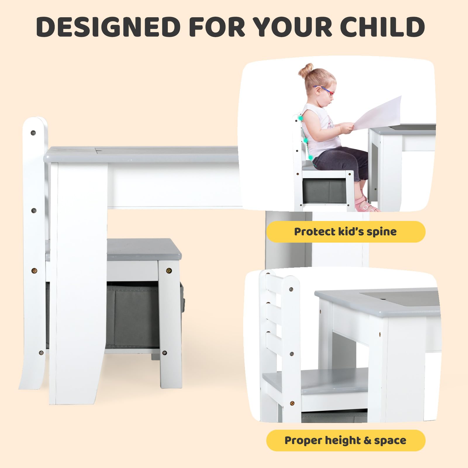 Kinder King Kids Wood Table & 2 Chairs Set, 3 in 1 Children Activity Table w/Storage, Removable Tabletop, Blackboard, 3-Piece Toddler Furniture Set for Art, Crafts, Drawing, Reading, Grey& White…