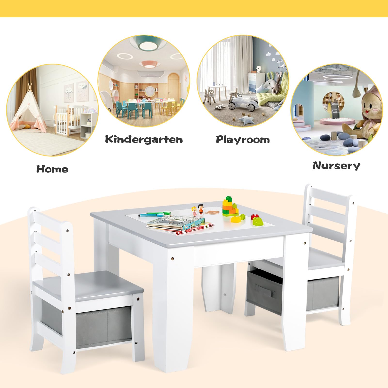 Kinder King Kids Wood Table & 2 Chairs Set, 3 in 1 Children Activity Table w/Storage, Removable Tabletop, Blackboard, 3-Piece Toddler Furniture Set for Art, Crafts, Drawing, Reading, Grey& White…