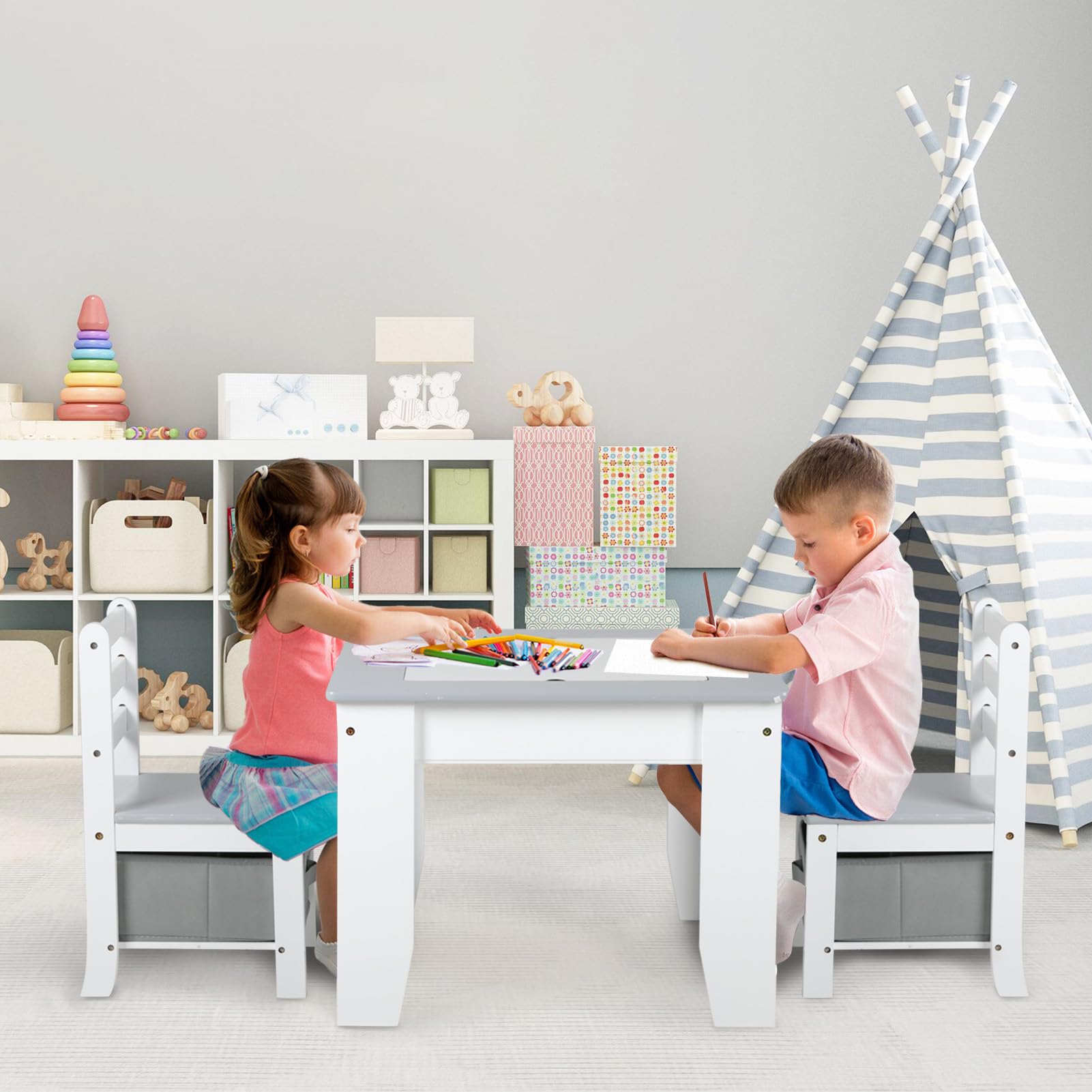 Kinder King Kids Wood Table & 2 Chairs Set, 3 in 1 Children Activity Table w/Storage, Removable Tabletop, Blackboard, 3-Piece Toddler Furniture Set for Art, Crafts, Drawing, Reading, Grey& White…