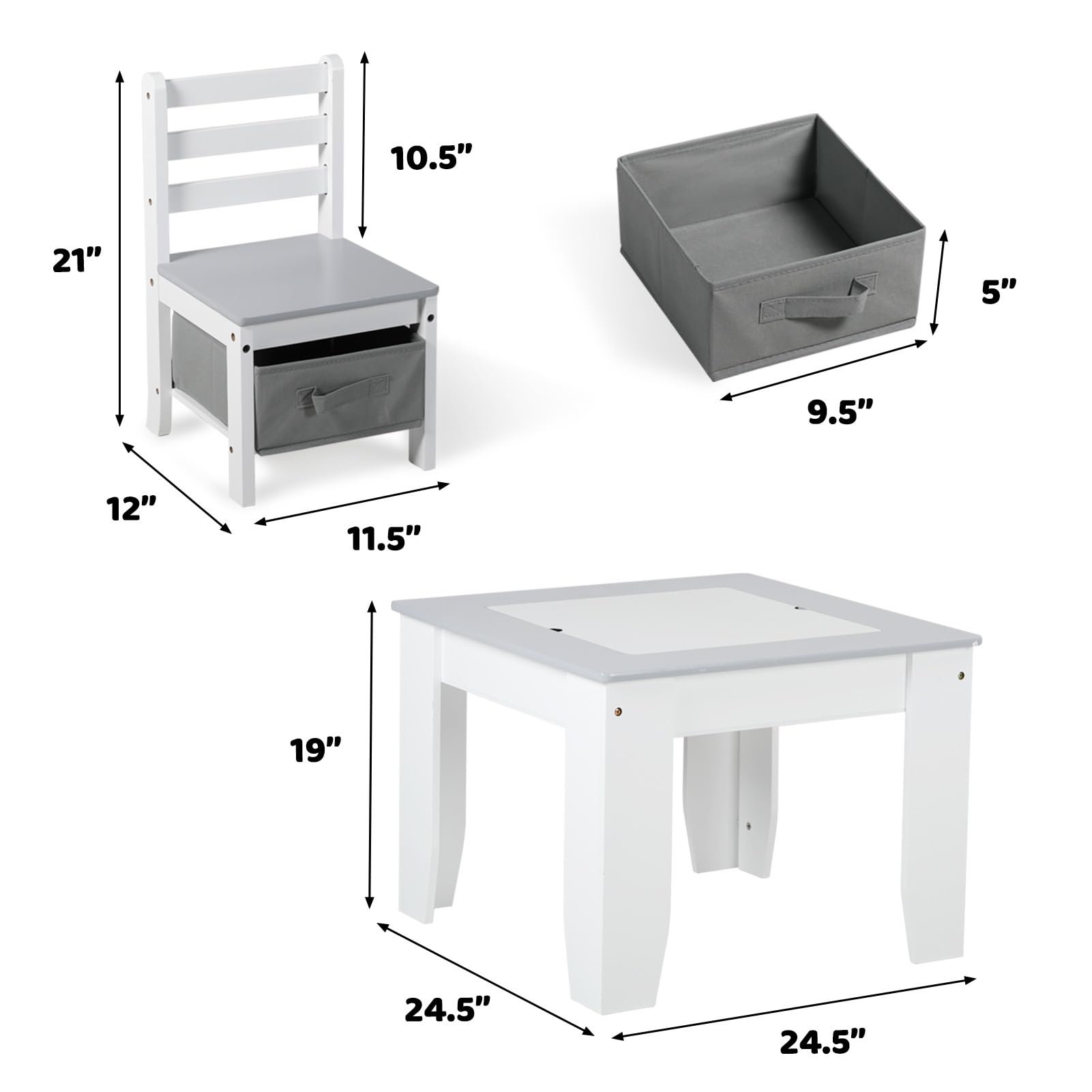 Kinder King Kids Wood Table & 2 Chairs Set, 3 in 1 Children Activity Table w/Storage, Removable Tabletop, Blackboard, 3-Piece Toddler Furniture Set for Art, Crafts, Drawing, Reading, Grey& White…