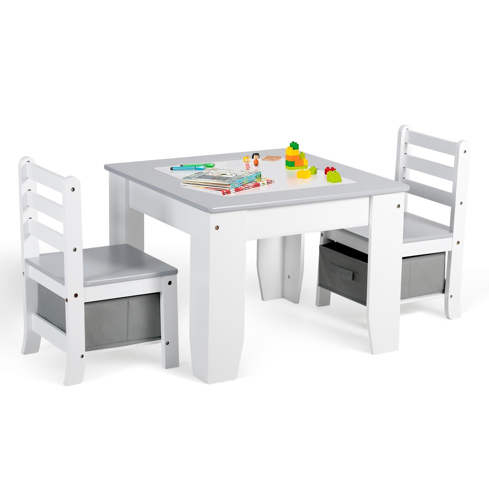 Kinder King Kids Wood Table & 2 Chairs Set, 3 in 1 Children Activity Table w/Storage, Removable Tabletop, Blackboard, 3-Piece Toddler Furniture Set for Art, Crafts, Drawing, Reading, Grey& White…