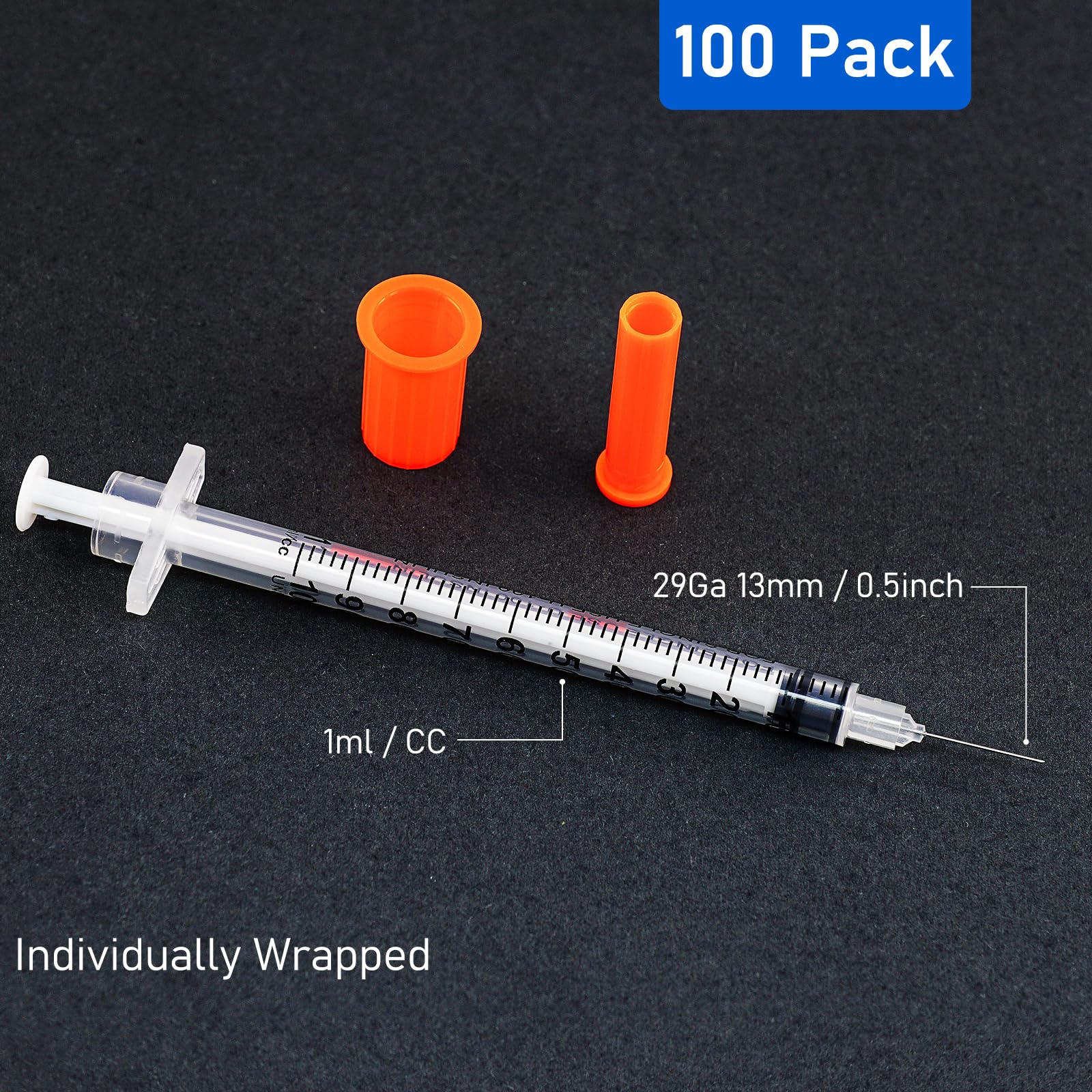 1ml 29Ga 13mm/0.5Inch Syringe with Needle, Disposable Individual Package of 100
