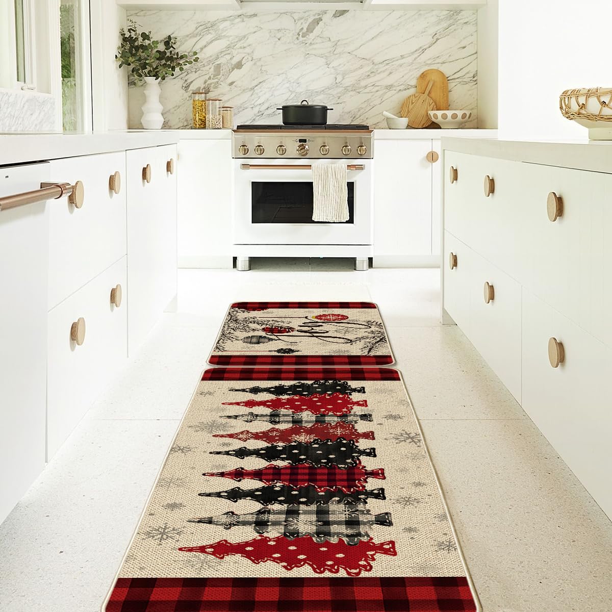 Artoid Mode Red Xmas Trees Ball Joy Snowflakes Christmas Kitchen Mats Set of 2, Winter Decor Low-Profile Kitchen Rugs for Floor - 17x29 and 17x47 Inch