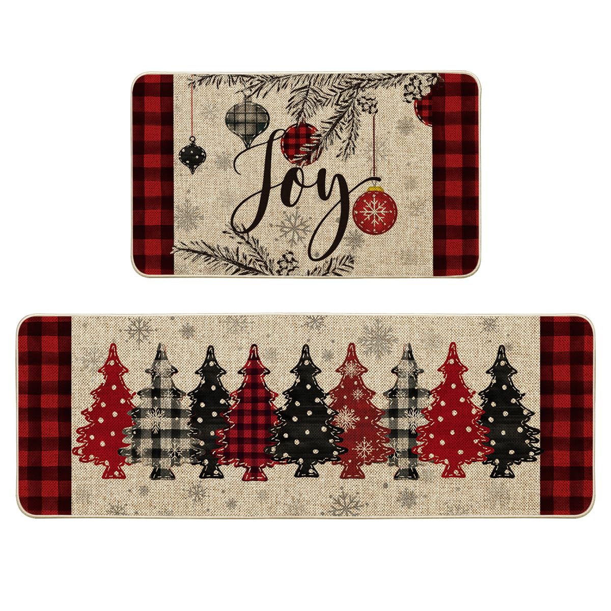 Artoid Mode Red Xmas Trees Ball Joy Snowflakes Christmas Kitchen Mats Set of 2, Winter Decor Low-Profile Kitchen Rugs for Floor - 17x29 and 17x47 Inch