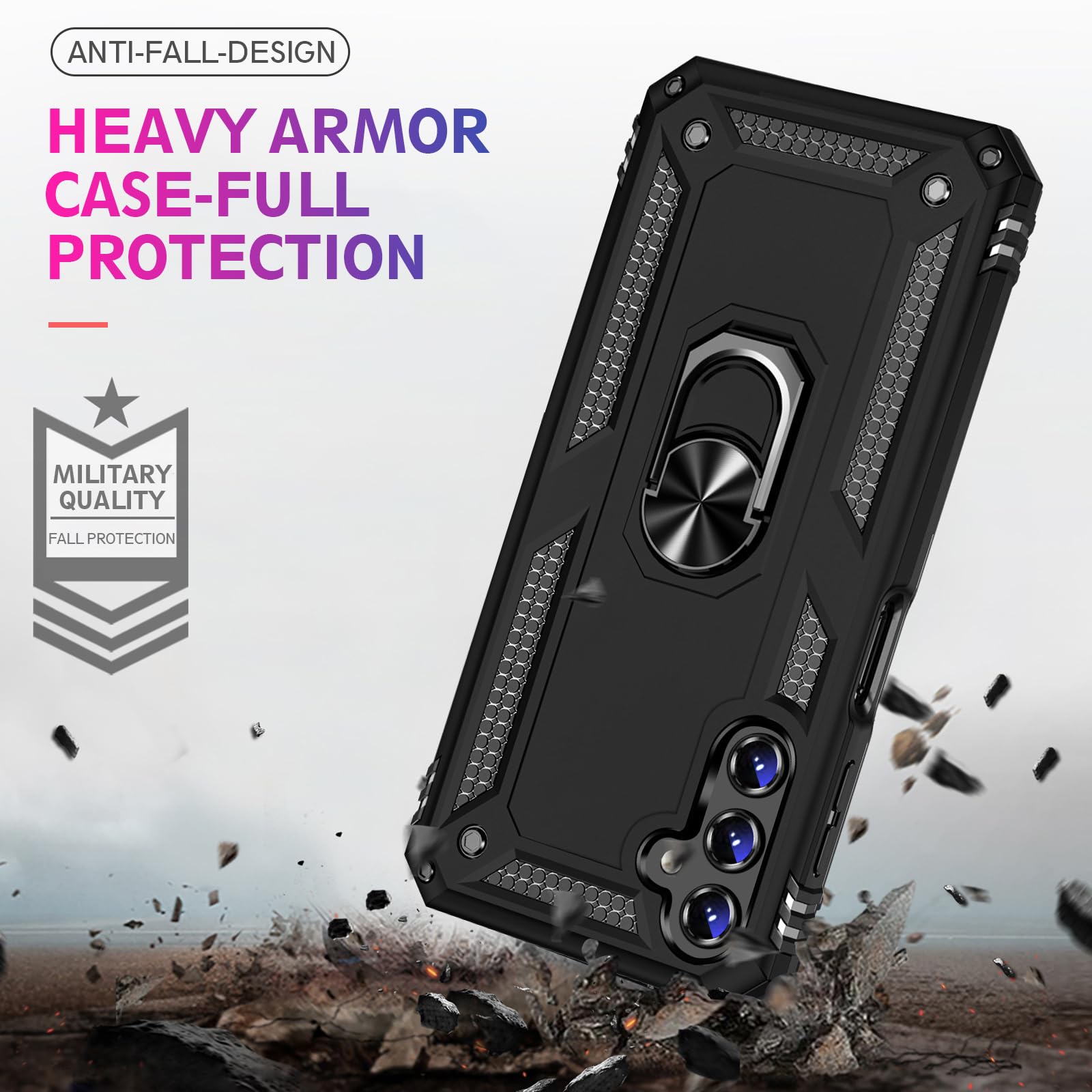 for Samsung Galaxy S23 FE Case with Screen Protector, Military Grade Rugged Shockproof Heavy Duty Galaxy S23 FE Protective Cover for Samsung S23 FE 5G Magnetic Ring Kickstand Phone Case (Black)