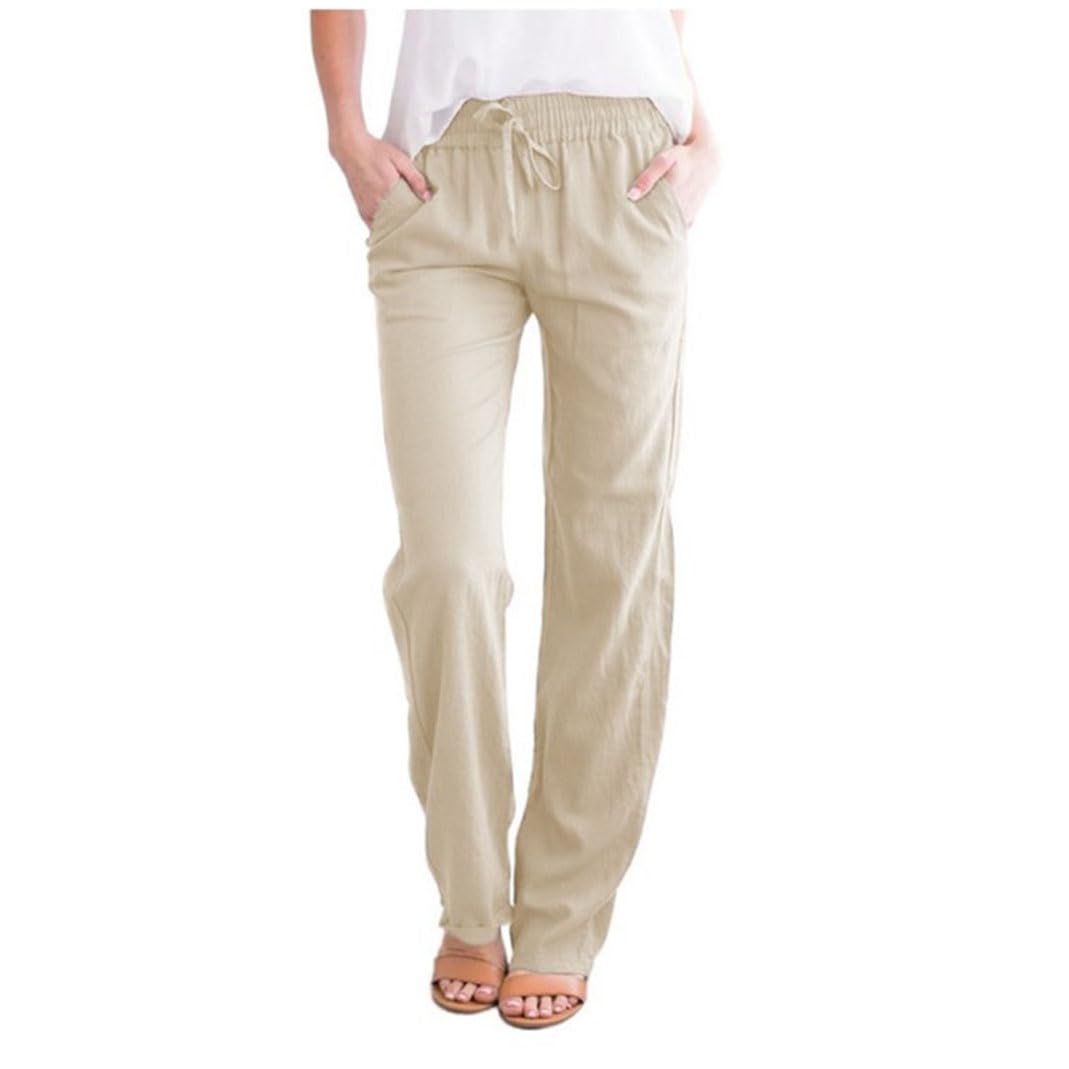 ZOCAVIA Beach Pants for Women Cotton Linen Cropped Pants Drawstring Elastic Waist Straight Leg Trouser with Pocket Apricot, XL