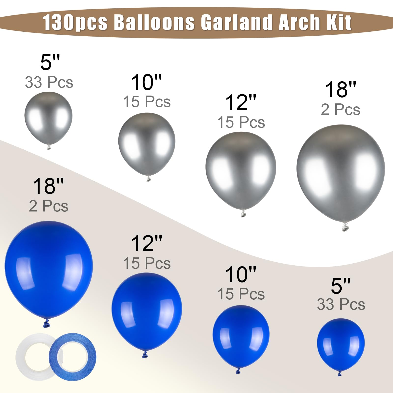 130pcs Royal Blue and Silver Balloons Garland Arch Kit, 18 12 10 5 Inch Different Sizes Pack Blue Silver Latex Balloon for Wedding Bachelor Birthday Christmas Party Garland Decoration