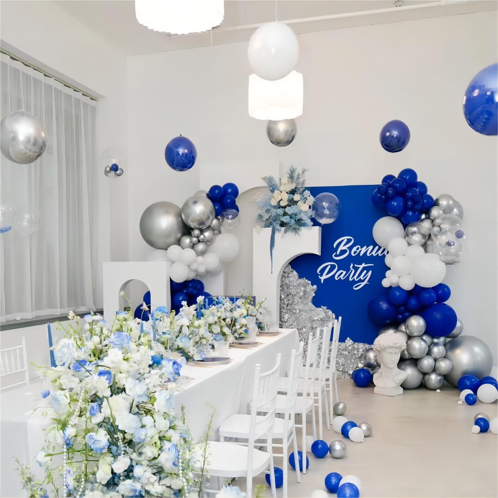 130pcs Royal Blue and Silver Balloons Garland Arch Kit, 18 12 10 5 Inch Different Sizes Pack Blue Silver Latex Balloon for Wedding Bachelor Birthday Christmas Party Garland Decoration