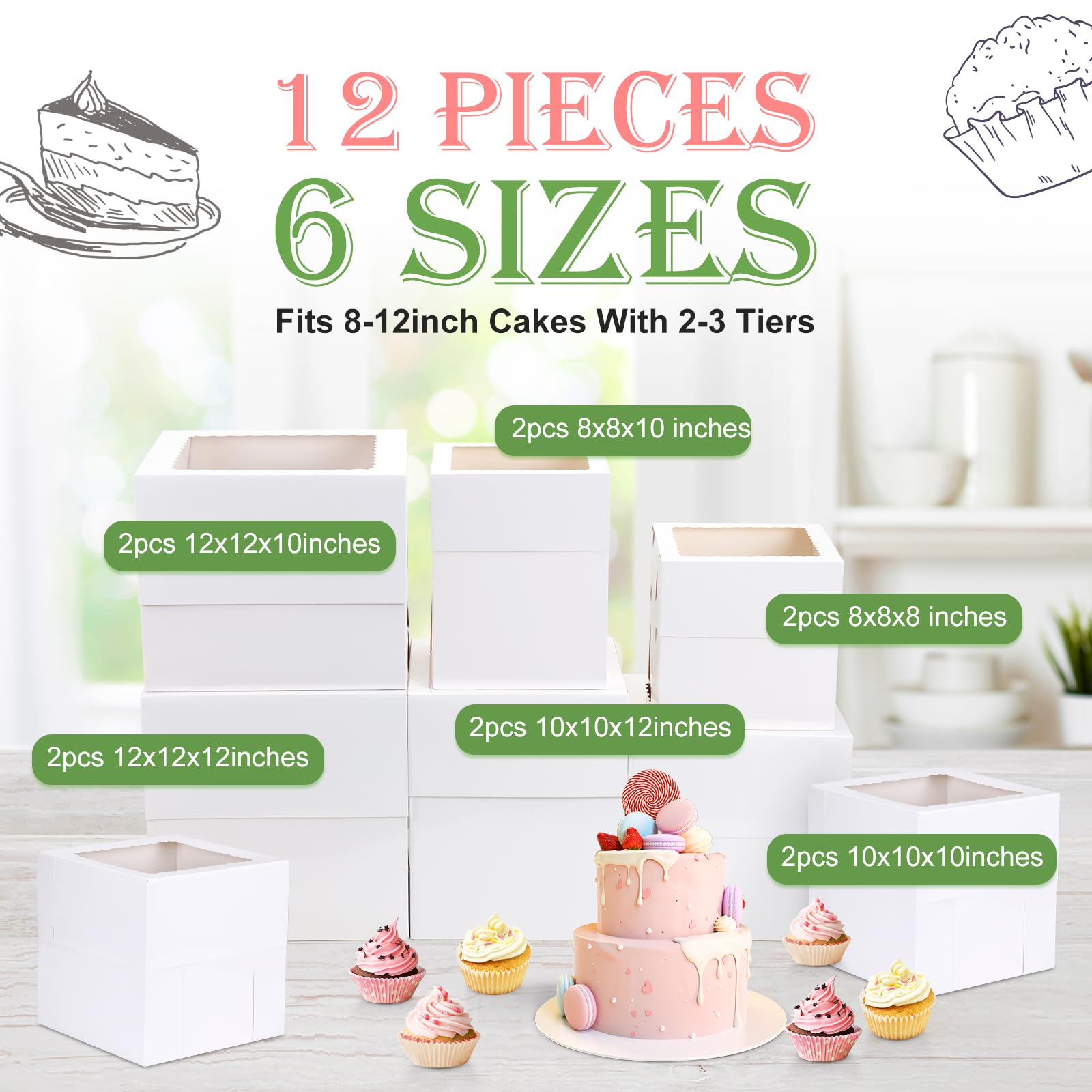 Moretoes 6 Sizes Cake Boxes12 Pcs 12x12x12 12x12x10 10x10x10 10x10x12 8x8x8 8x8x10 Inch Tall Bakery Boxes Disposable Carrier Take Out Container in 2 or 3 Tier for Wedding Birthday
