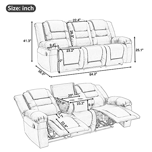 Eafurn PU Leather Double Center Console, Manual Recliner w/Easy Pull Handles and Adjustable Footrest, 3-Seater Sofa & Couch for Living Room Theater Seating RV Furniture, Black