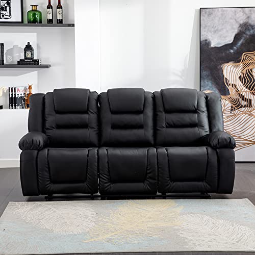 Eafurn PU Leather Double Center Console, Manual Recliner w/Easy Pull Handles and Adjustable Footrest, 3-Seater Sofa & Couch for Living Room Theater Seating RV Furniture, Black