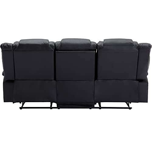 Eafurn PU Leather Double Center Console, Manual Recliner w/Easy Pull Handles and Adjustable Footrest, 3-Seater Sofa & Couch for Living Room Theater Seating RV Furniture, Black