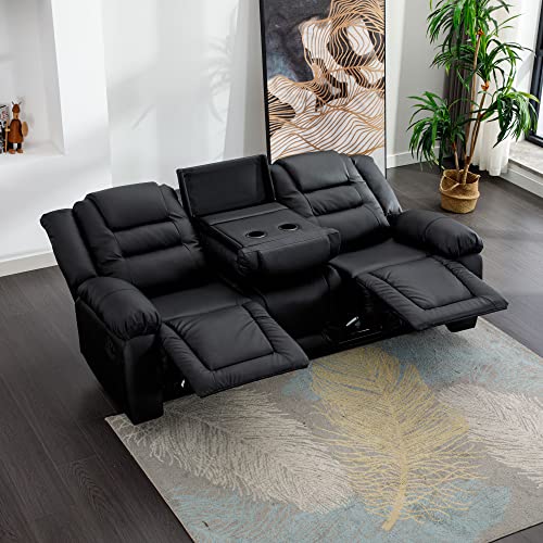 Eafurn PU Leather Double Center Console, Manual Recliner w/Easy Pull Handles and Adjustable Footrest, 3-Seater Sofa & Couch for Living Room Theater Seating RV Furniture, Black