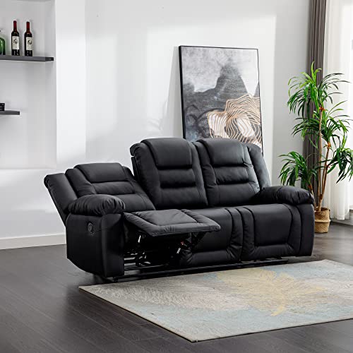 Eafurn PU Leather Double Center Console, Manual Recliner w/Easy Pull Handles and Adjustable Footrest, 3-Seater Sofa & Couch for Living Room Theater Seating RV Furniture, Black