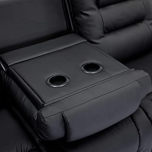 Eafurn PU Leather Double Center Console, Manual Recliner w/Easy Pull Handles and Adjustable Footrest, 3-Seater Sofa & Couch for Living Room Theater Seating RV Furniture, Black