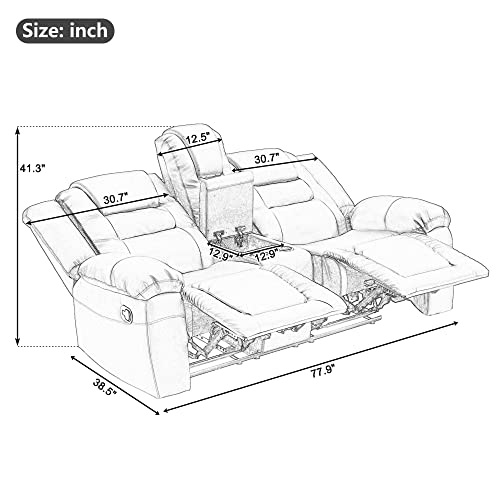 PU Leather Double Reclining Sofa with Center Console, Upholstery Manual Recliner Loveseat Couch w/Easy Pull Handles and Adjustable Footrest, 2-Seater Sofa & Couch for Home Theater Seating