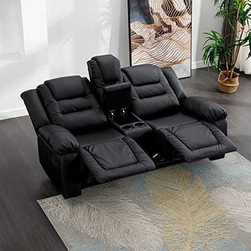 PU Leather Double Reclining Sofa with Center Console, Upholstery Manual Recliner Loveseat Couch w/Easy Pull Handles and Adjustable Footrest, 2-Seater Sofa & Couch for Home Theater Seating