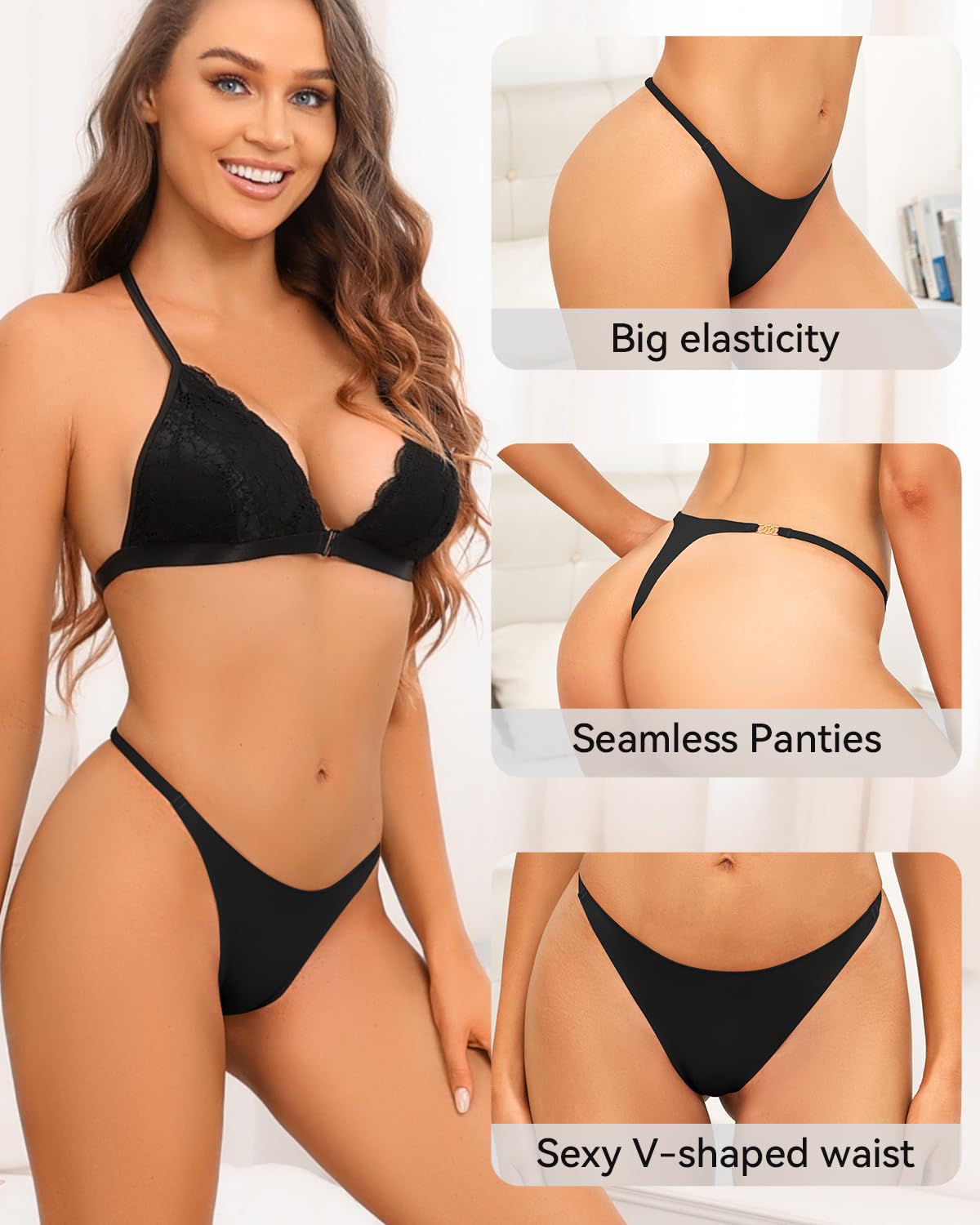 SHEKINI Women's 6 Pack G-String Thong for Women T-back Panties Underwear Sexy Hipster Thongs(Black,Medium)