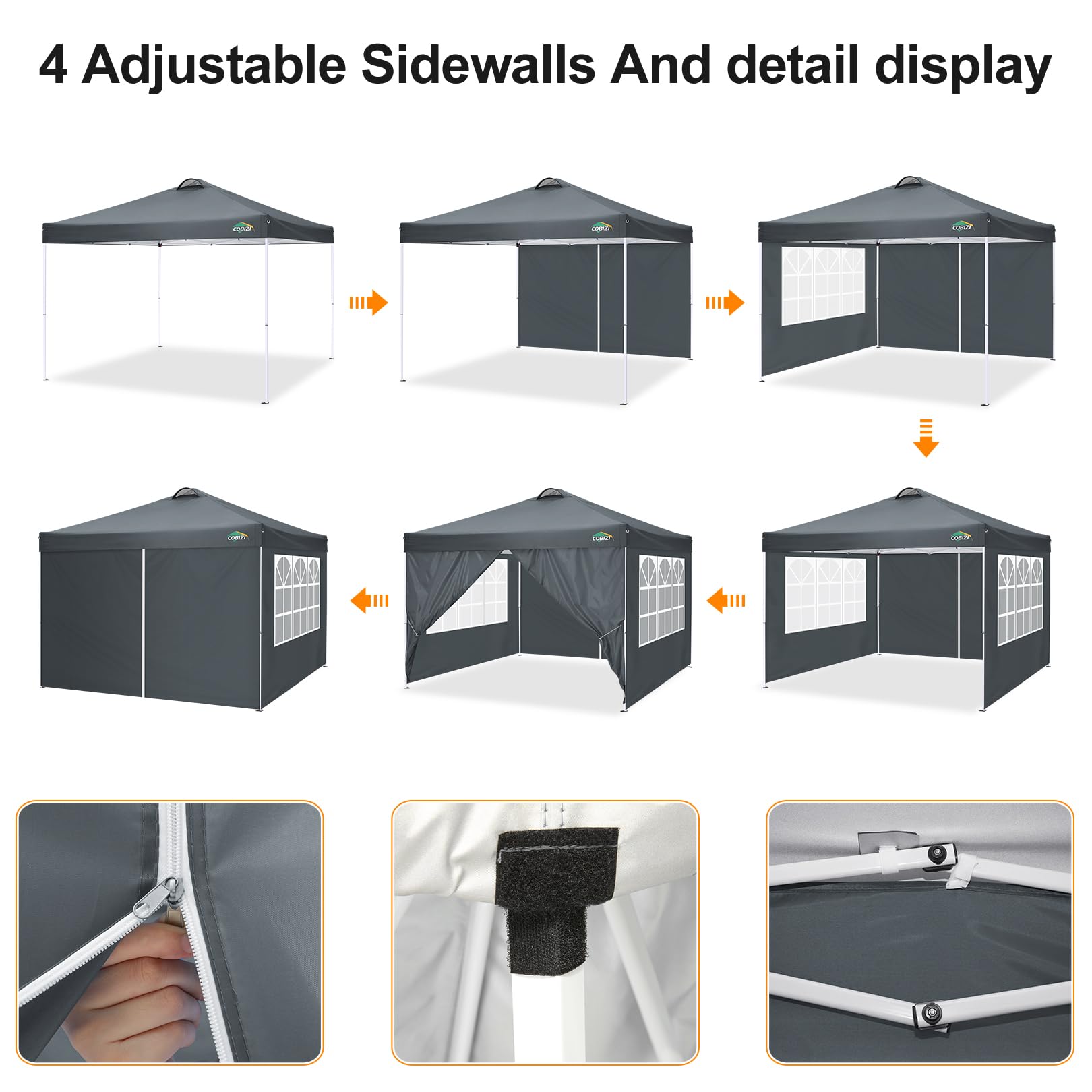 COBlZI 10x10 Pop Up Canopy Tent with 4 Removable Sidewalls，Waterproof Commercial Easy Adjustable Gazebo Tent with Air Vent, 4 Sandbags，4 Stakes & 8 Ropes（Tents for Party/Exhibition,Grey