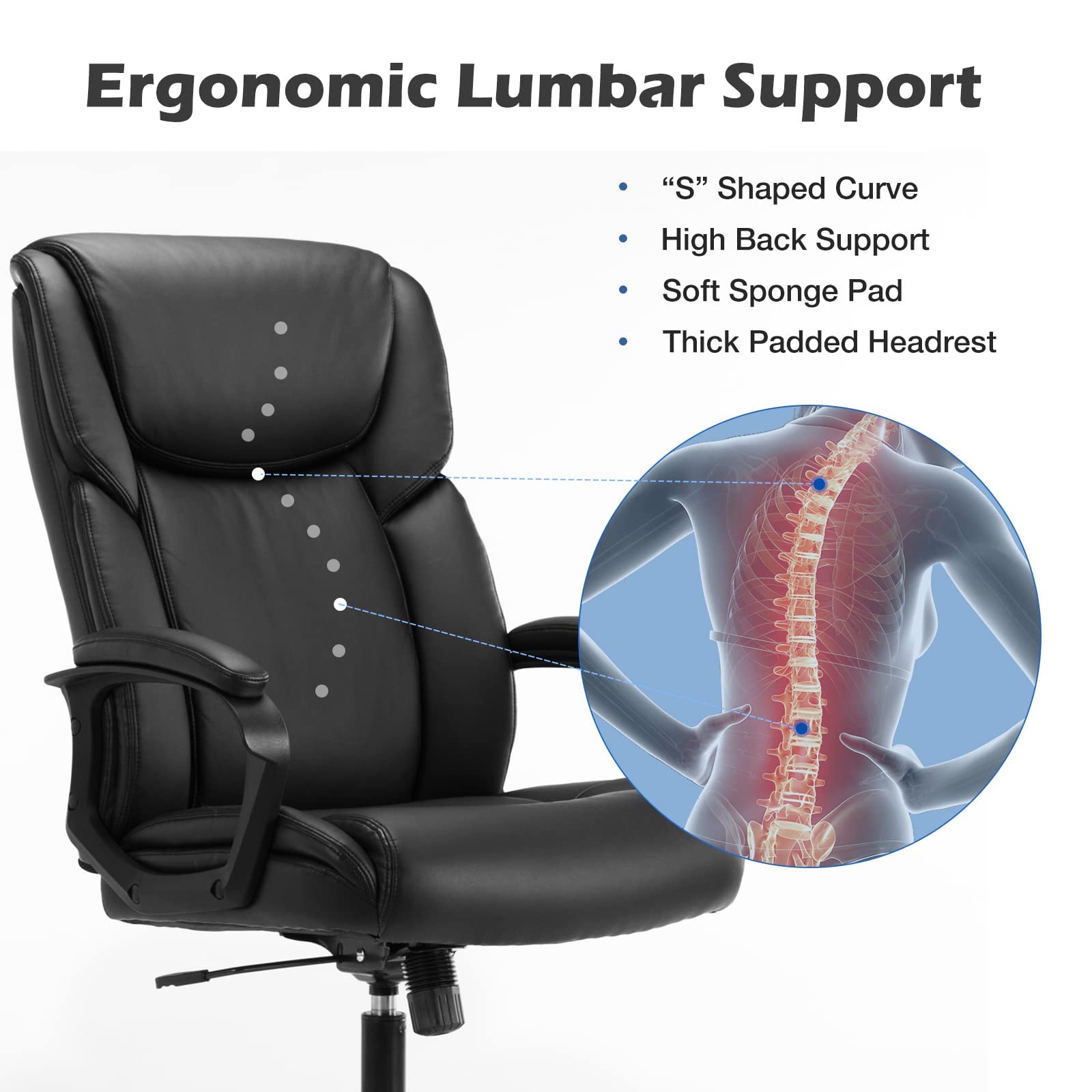 JHK Home Office Chair Ergonomic Executive Desk with 360°Swivel Wheels, PU Leather Computer with Lumbar Support, Height Adjustable with Armrest, Black