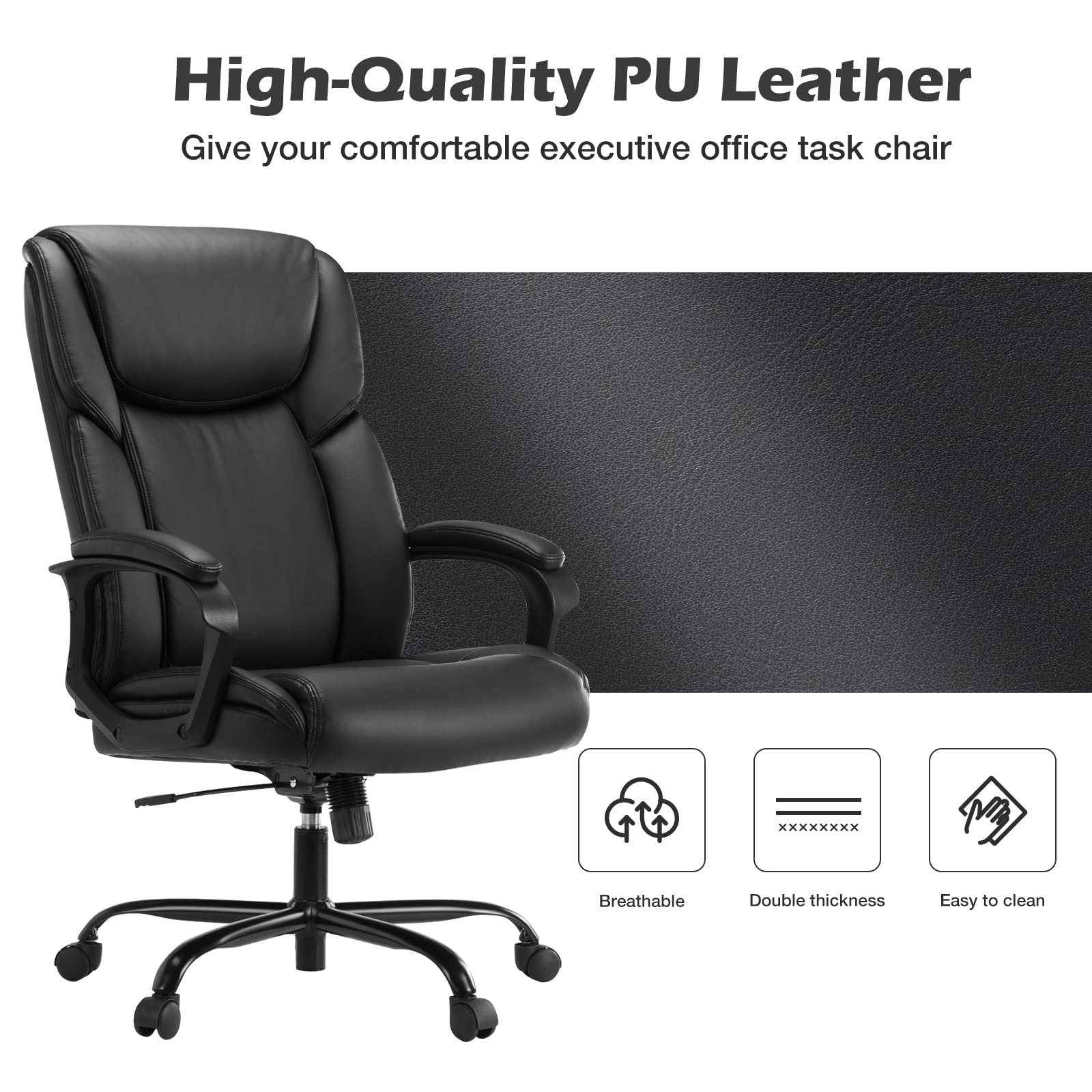 JHK Home Office Chair Ergonomic Executive Desk with 360°Swivel Wheels, PU Leather Computer with Lumbar Support, Height Adjustable with Armrest, Black