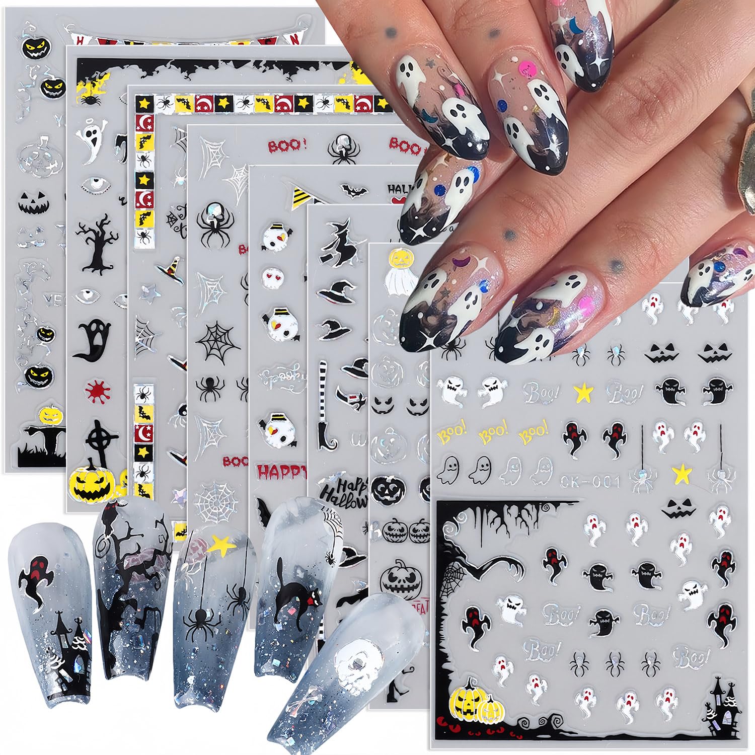 ZTZTST 8 Sheets Halloween Nail Art Stickers Cute Ghost Nail Decals 3D Self-Adhesive Laser Bat Cat Skull Spooky Designs Decals Halloween DIY Manicure Supplies Decorations Nail Charms for Women Girls