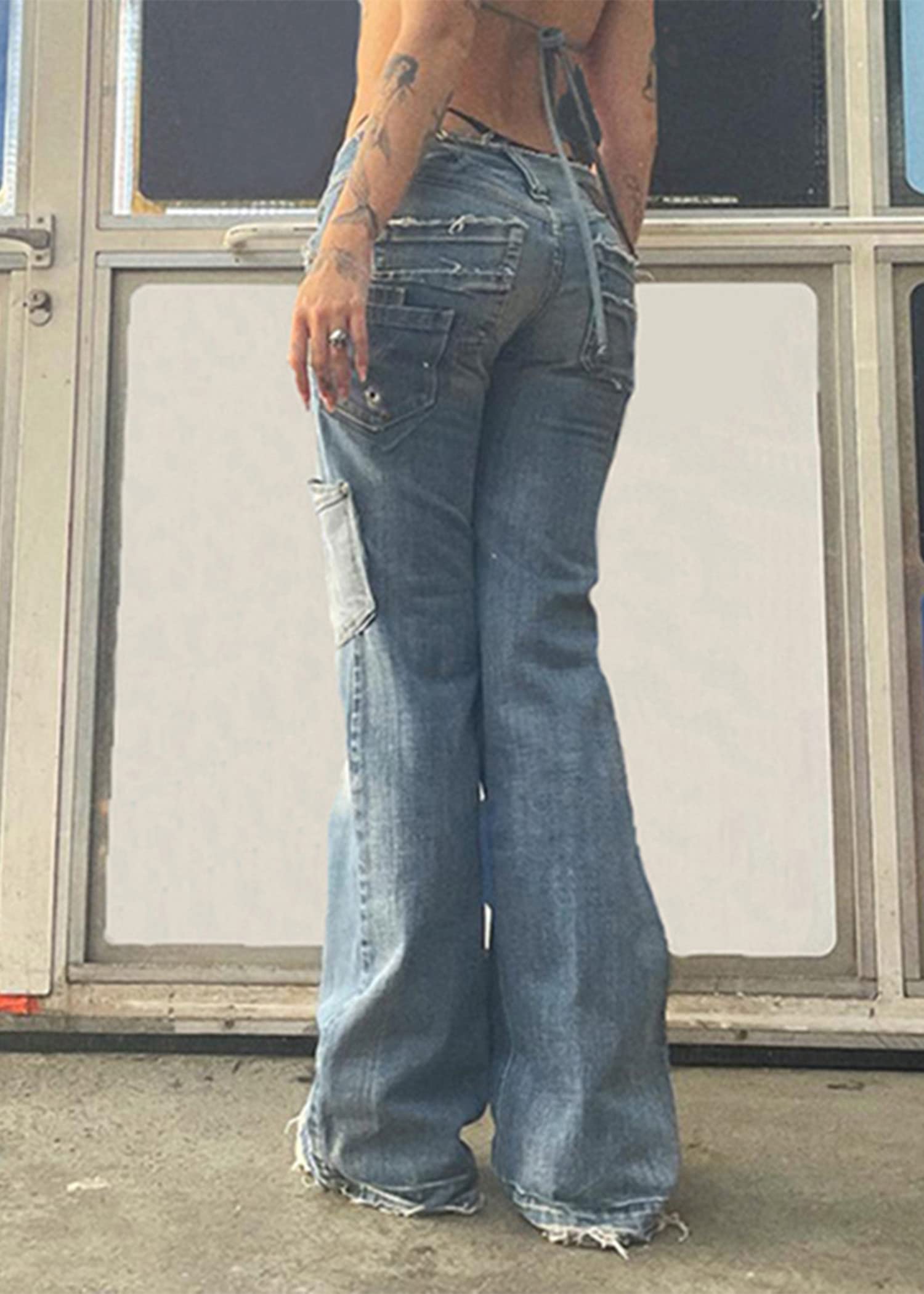 Sunidol Womens Star Jeans High Waist Baggy Cargo Jeans 90s Vintage Y2K Outfit Distressed Graphic Jeans Blue 3XL