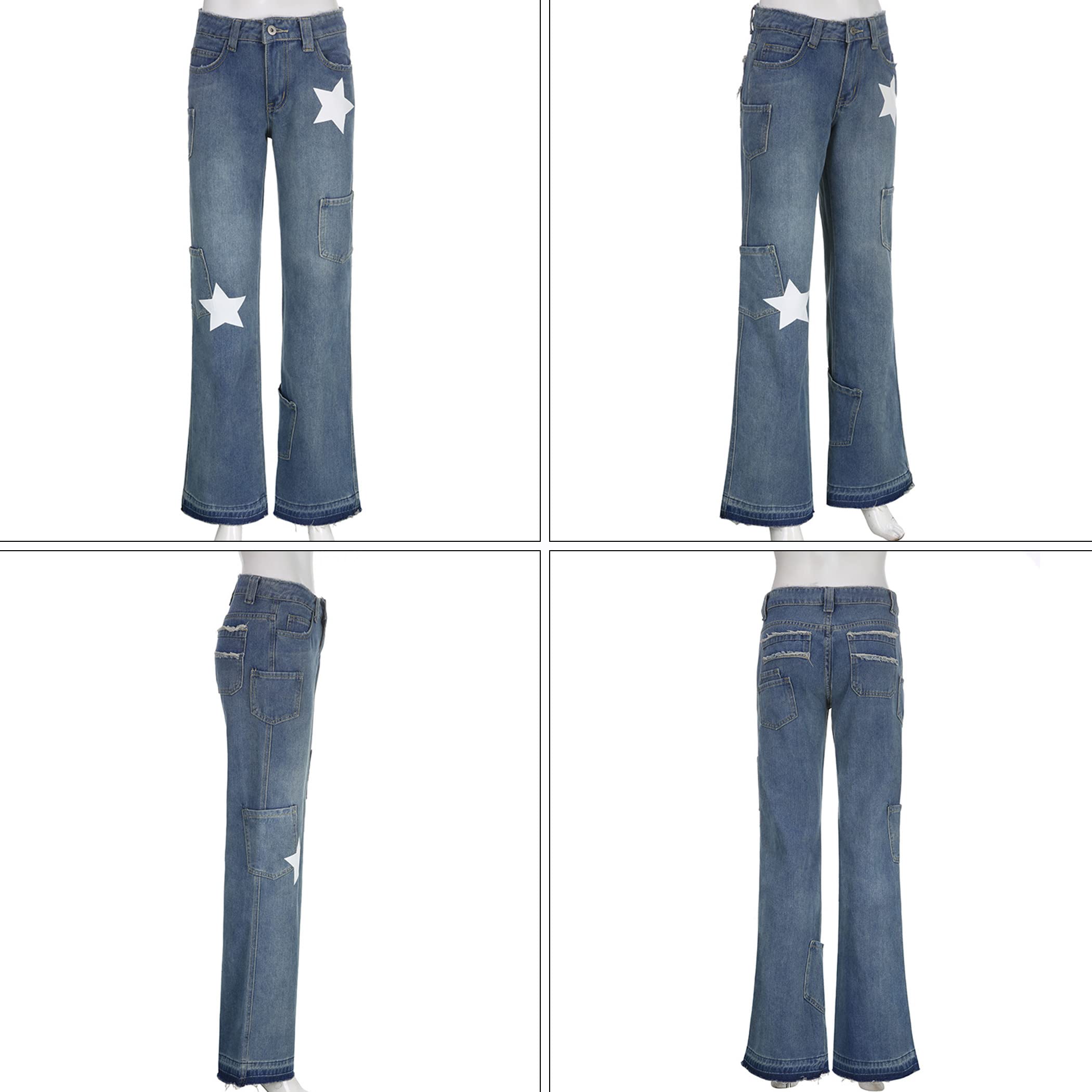 Sunidol Womens Star Jeans High Waist Baggy Cargo Jeans 90s Vintage Y2K Outfit Distressed Graphic Jeans Blue 3XL