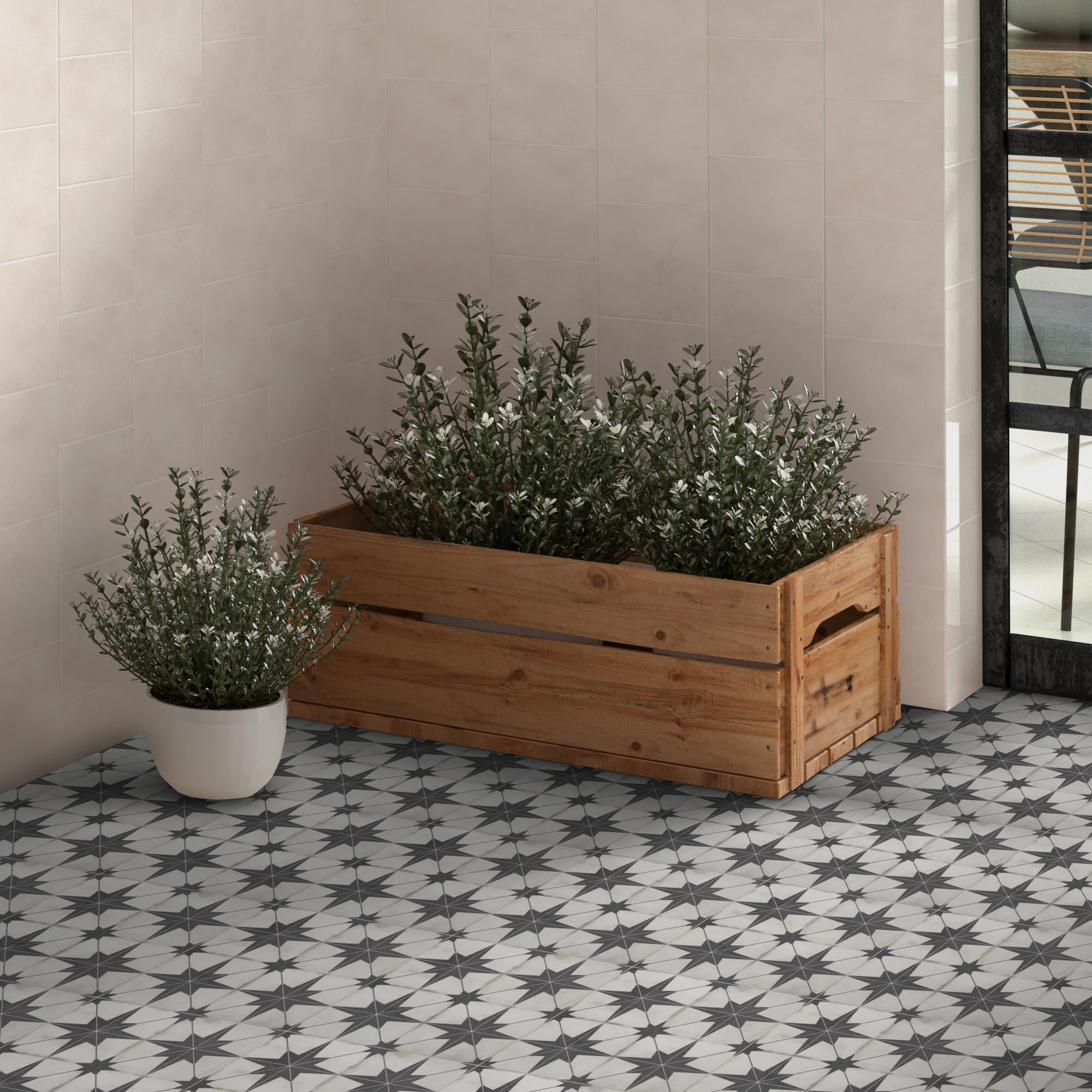 Peel and Stick Floor and Wall Tile for Bathroom Kitchen SPC Vinyl Self Adhesive Flooring Tile 9x9In Black Star Encaustic Patterned Groutble Backsplash Tile 16 Tiles, 9.12 Sq Ft.
