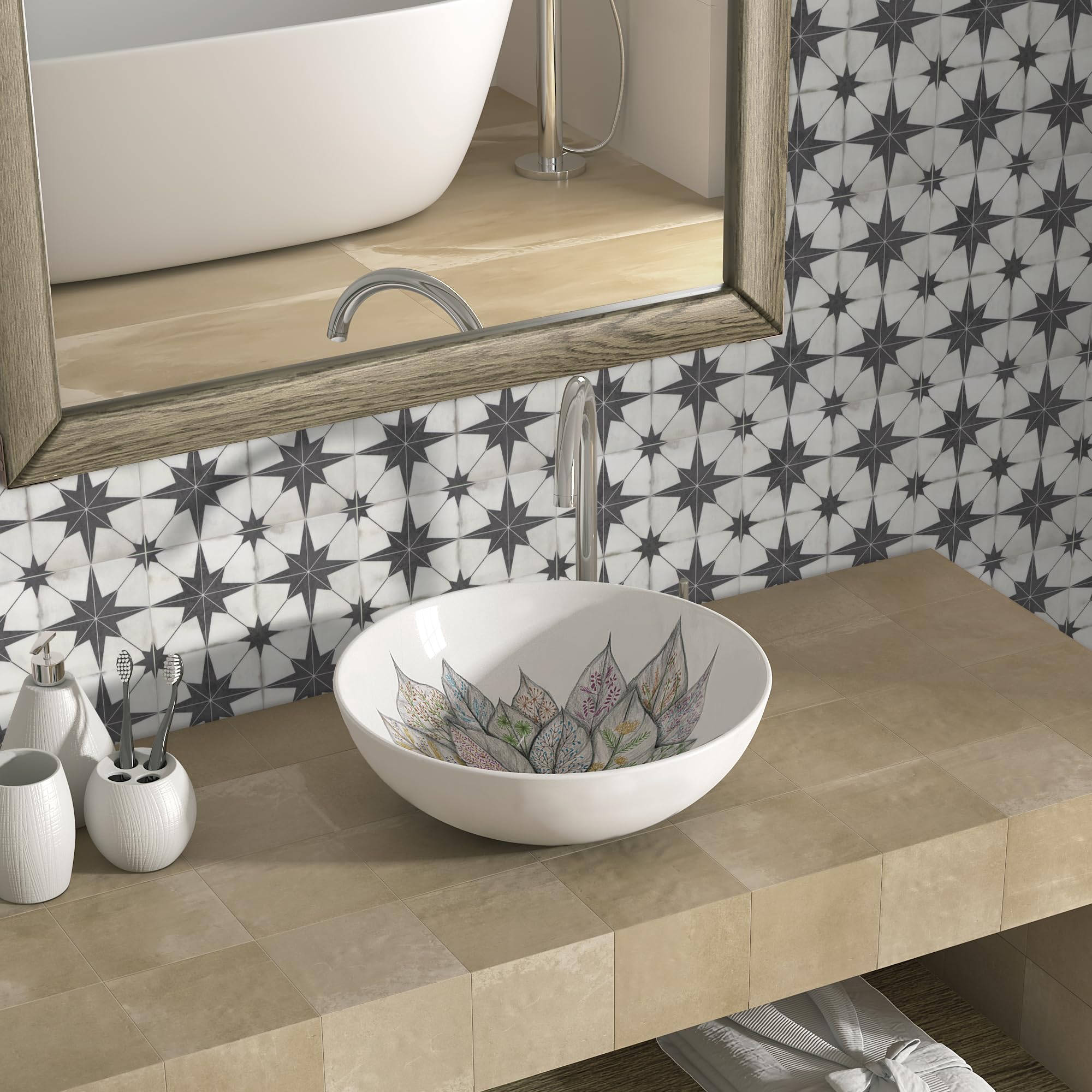 Peel and Stick Floor and Wall Tile for Bathroom Kitchen SPC Vinyl Self Adhesive Flooring Tile 9x9In Black Star Encaustic Patterned Groutble Backsplash Tile 16 Tiles, 9.12 Sq Ft.