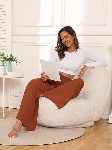 YuYukan Palazzo Pants for Women Casual Elastic Waist Drawstring Comfy Loose Lounge Wide Leg Boho Flowy Pants for Women Vacation Caramel X-Large