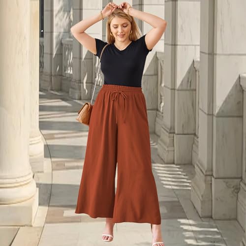YuYukan Palazzo Pants for Women Casual Elastic Waist Drawstring Comfy Loose Lounge Wide Leg Boho Flowy Pants for Women Vacation Caramel X-Large