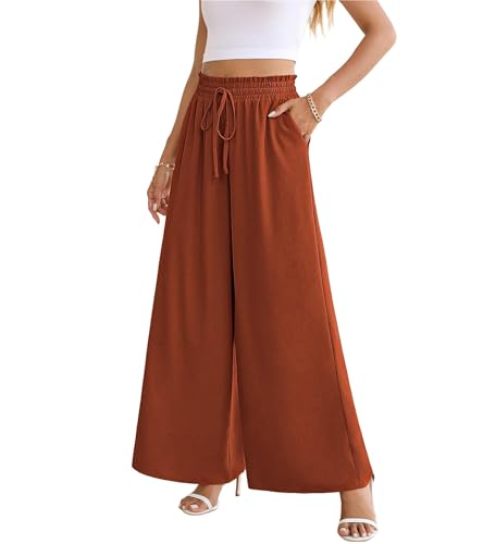 YuYukan Women's Palazzo Pants Wide Leg Linen Loose Flowy Pants High Waist with Drawstring Pockets for Comfortable Dressy Look in Caramel Large