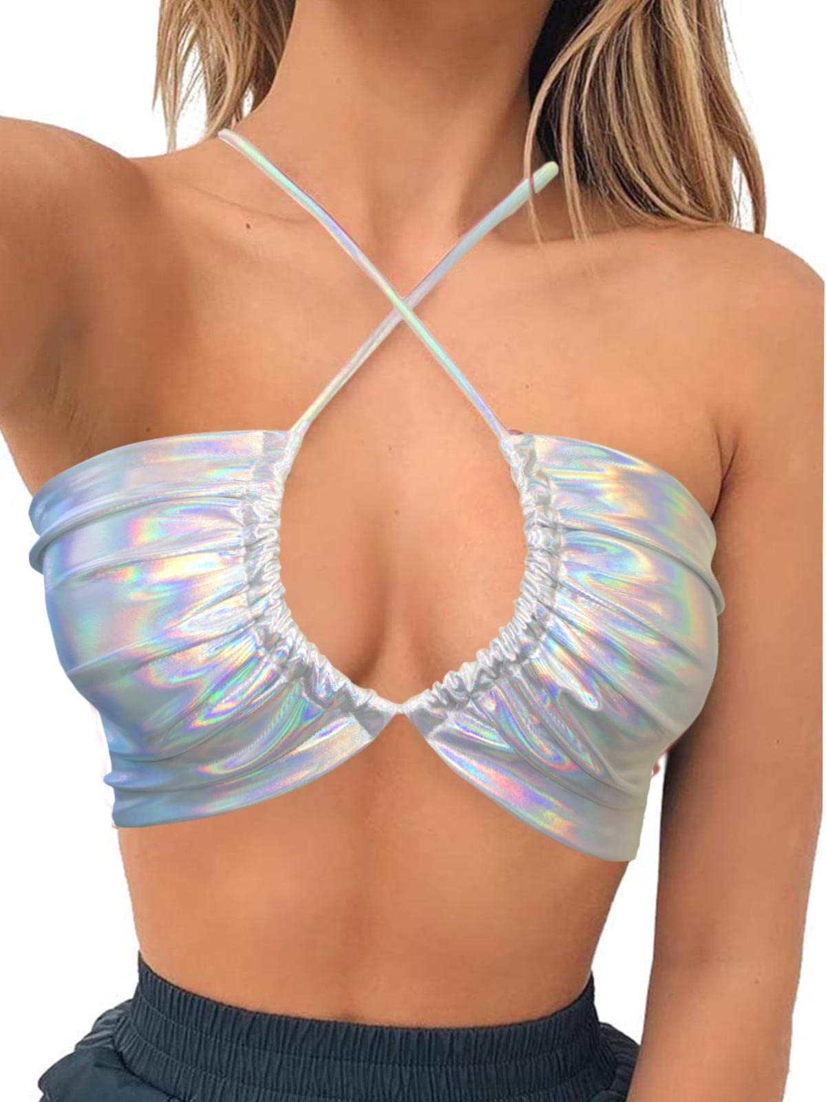 Women's Alien Costume Buzz Lightyear Fembot Winx Club Chel Cosplay el Dorado 90s Outfits Silver Metallic Top Rave Outfits Festival Clothing Halter Sparkly Sexy Multicol Silver Top XL