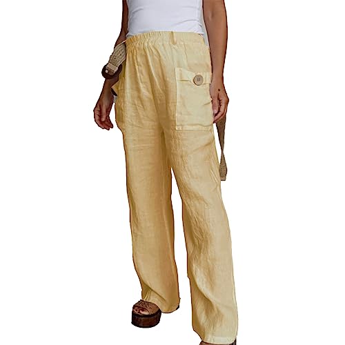 Flare Yoga Pants Women 's Linen Pants Capri Wide Leg Straight Elastic Waistband Loose Casual Cargo Trousers Comfy Lightweight (Yellow, L) Bulk GiftStuff for 10 Dollars