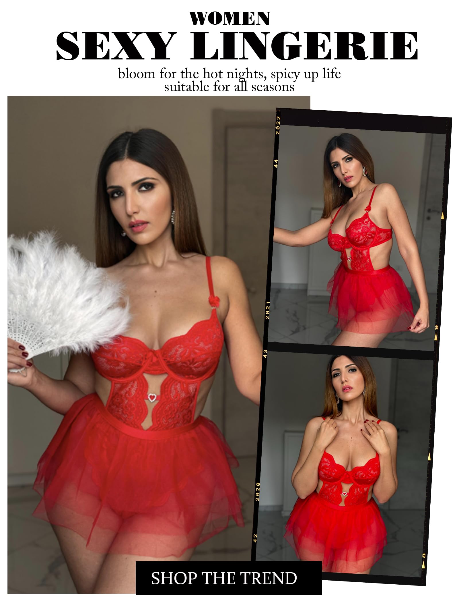 Avidlove Lingerie for Women Lace Bodysuit with Detachable Mesh Mini Skirt Push Up Teddy Lingerie Set Red