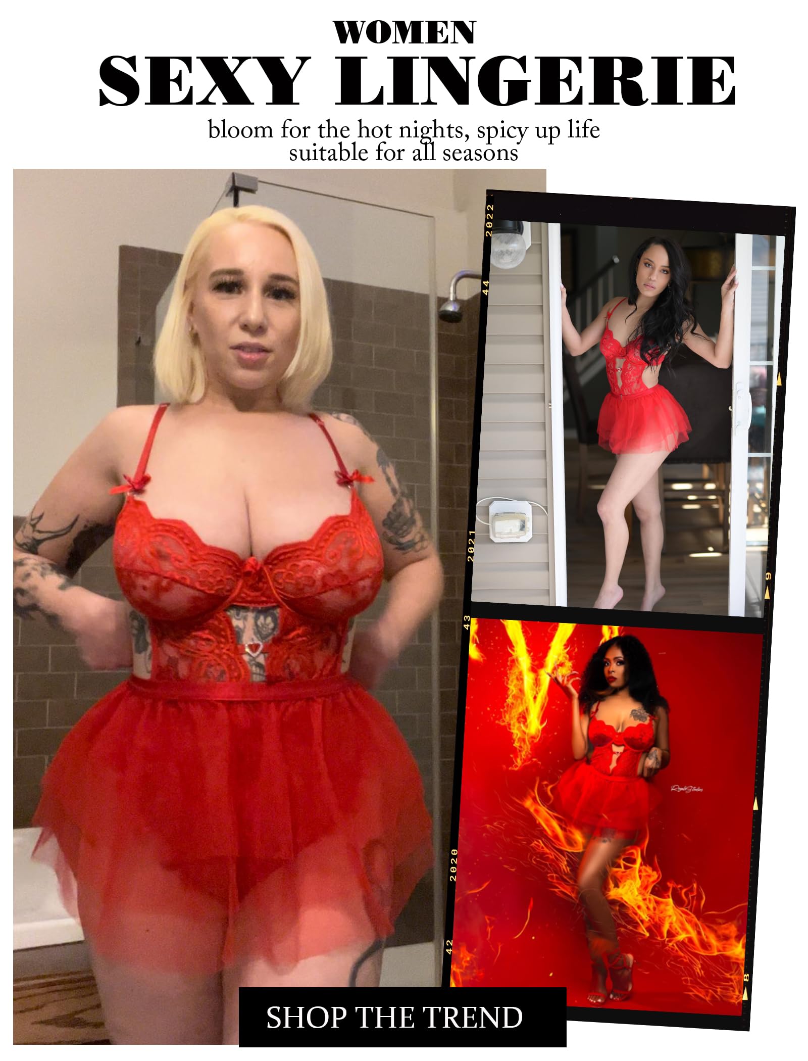 Avidlove Lingerie for Women Lace Bodysuit with Detachable Mesh Mini Skirt Push Up Teddy Lingerie Set Red