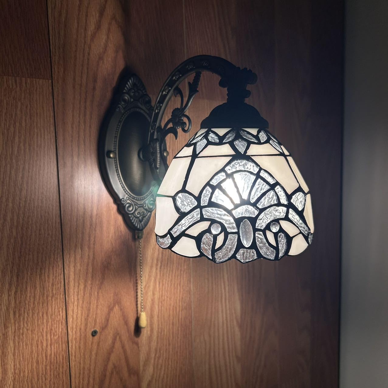 enjoy decor lamps Tiffany Armed Sconces White Stained Glass Baroque Style Lavender Pull Chain Switch LED Bulb for Bedroom Living Room 6" W*11" D*9" H