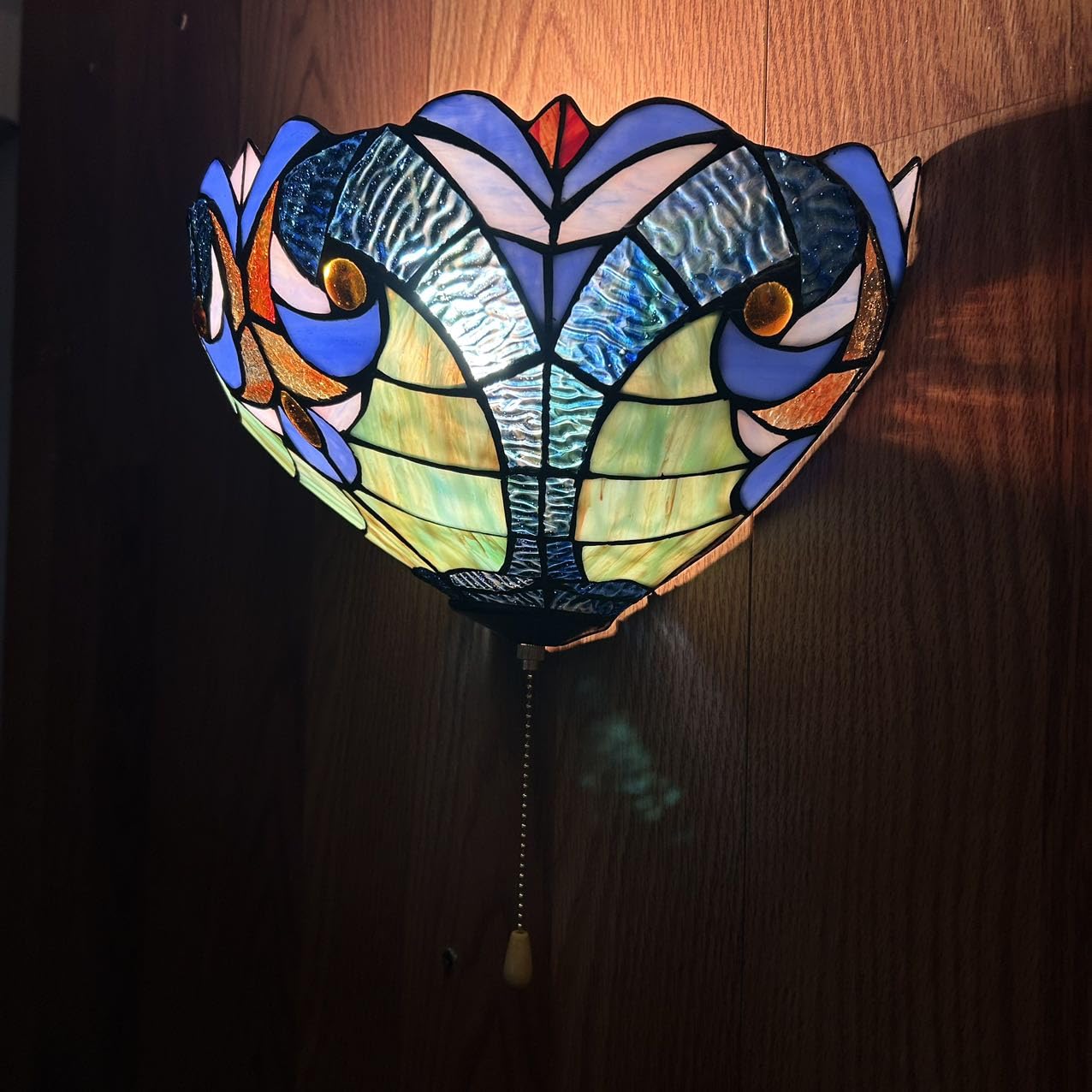 enjoy decor lamps Tiffany Sconces Half Moon Blue Green Stained Glass Pull Chain Switch LED Bulb Included for Bedroom Dining Room Living Room 7" H12 W