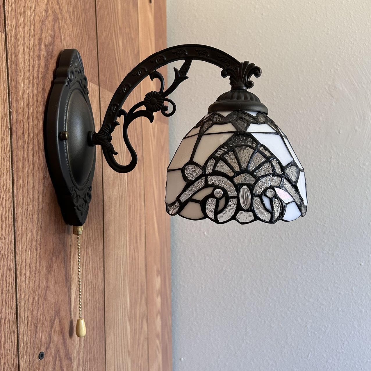 enjoy decor lamps Tiffany Armed Sconces White Stained Glass Baroque Style Lavender Pull Chain Switch LED Bulb for Bedroom Living Room 6" W*11" D*9" H